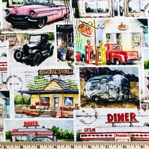 Fat Quarter - Diners & Classic Cars Campers Postcard Patchwork Cotton Fabric - 18" x 22" Fat Quarter