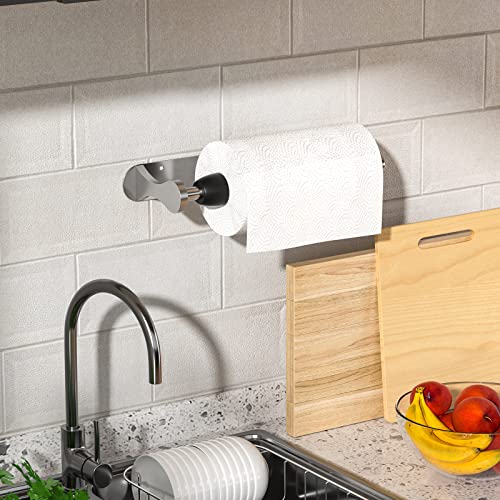 Swaitee Paper Towel Holder, Easy Tear Under Cabinet Paper Towel Holder with Damping Function, Wall Mount Stainless Steel Paper Roll Holder Adhesive or Screw for Kitchen Bathroom