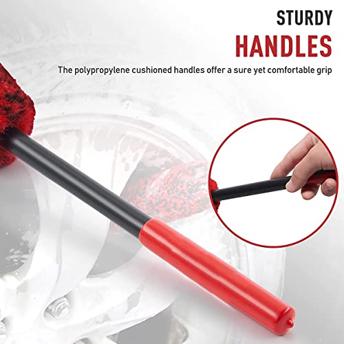 Siomiy Car Wheel Cleaning Brush, Extended Reach Wheel Brush with Long Handle Bendable Car Cleaner Brush Synthetic Wool Car Cleaning Duster for Cleaning Wheels, Rims, Exhaust Tips. (Red-L)