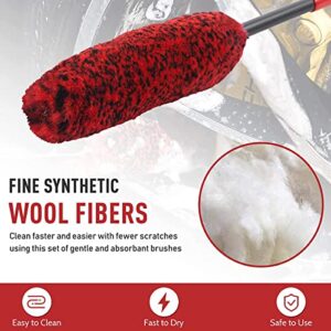 Siomiy Car Wheel Cleaning Brush, Extended Reach Wheel Brush with Long Handle Bendable Car Cleaner Brush Synthetic Wool Car Cleaning Duster for Cleaning Wheels, Rims, Exhaust Tips. (Red-L)