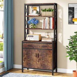 tribesigns bookshelf with drawer, 4-tier bookcase with doors, tall industrial etagere book shelves storage cabinet display rack for living room, home office, rustic brown