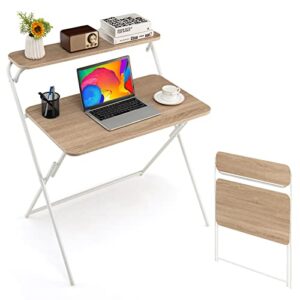 tangkula 2-tier folding desk w/large desktop & top shelf, no-assembly-required laptop table, modern computer desk w/metal frame, space-saving home office desk for dorm, apartment (oak)