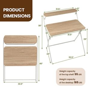 Tangkula 2-Tier Folding Desk w/Large Desktop & Top Shelf, No-Assembly-Required Laptop Table, Modern Computer Desk w/Metal Frame, Space-Saving Home Office Desk for Dorm, Apartment (Oak)