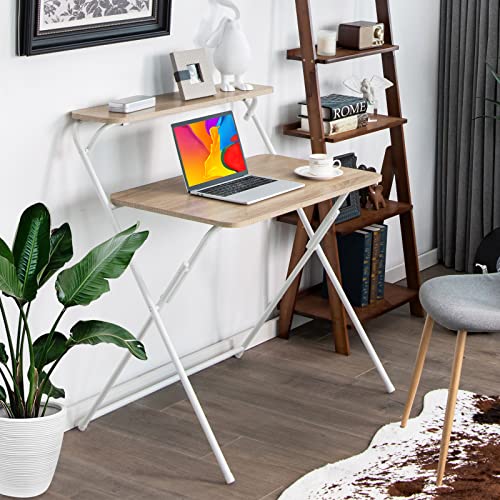 Tangkula 2-Tier Folding Desk w/Large Desktop & Top Shelf, No-Assembly-Required Laptop Table, Modern Computer Desk w/Metal Frame, Space-Saving Home Office Desk for Dorm, Apartment (Oak)