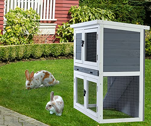 Evedy Wooden 2-Layer Pet House with Easy Clear Tray,Rabbit Bunny Hutch Chicken Coops Dog Cage,Dark Gray, 36''L X 17.7''D X 31.9''H