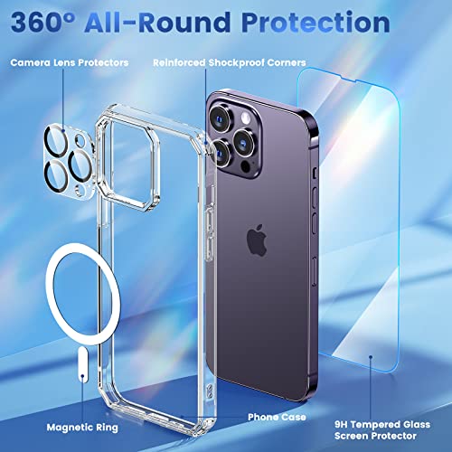 NULETO 【3 in 1 Case for iPhone 14 Pro Max MagSafe with 9H Tempered Glass Screen Protector & Camera Lens Protector Full-Body Protective Heacy Duty Shockproof Slim Thin - Clear