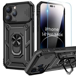 goton for iphone 14 pro max case with screen protector - slide camera cover phone case with ring stand, heavy duty military grade shockproof rugged bumper for iphone 14 pro max accessories black