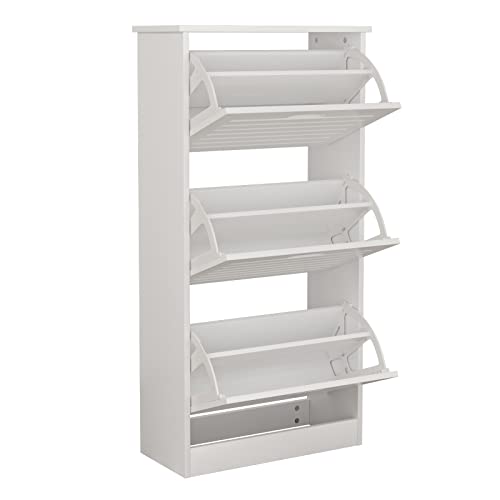 3 Flip Drawers Shoe Cabinet, 3-Tier White Freestanding Storage Shoe Rack with Adjustale Shelves and Flip-up Drawer for Entryway, Closet and Small Space