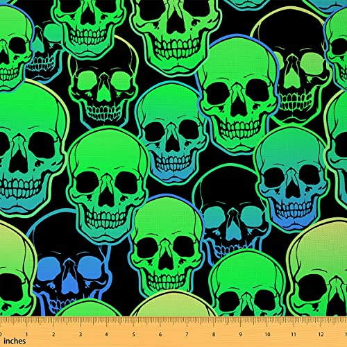 Sugar Skull Fabric by The Yard, Gothtic Skull Halloween Upholstery Fabric, Horror Skeleton Decorative Fabric, Spooky Night Indoor Outdoor Fabric, DIY Art Waterproof Fabric, Green Blue, 3 Yards