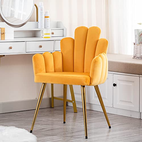 HNY Velvet Accent Chair Set of 4, Finger Shape Upholstered Arm Chair, Mid Century Modern Living Room Dining Makeup Vanity Chairs, with Gold Metal Legs, Yellow