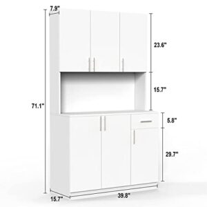 Kitchen Pantry Storage Cabinet 71” Pantry Large Kitchen White Freestanding Cabinet with 6 Doors and Drawer for Kitchen Dining Room, White