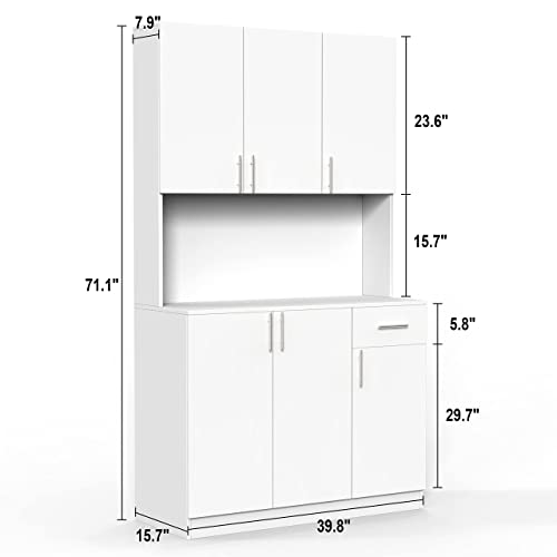 Kitchen Pantry Storage Cabinet 71” Pantry Large Kitchen White Freestanding Cabinet with 6 Doors and Drawer for Kitchen Dining Room, White