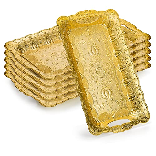 ZOOFOX 6 Pack Decorative Plastic Serving Tray, Gold Serving Tray with Handles, Disposable Beaded Trays for Platters, Cupcake, Wedding and Birthday Parties, 15" x 8.5"