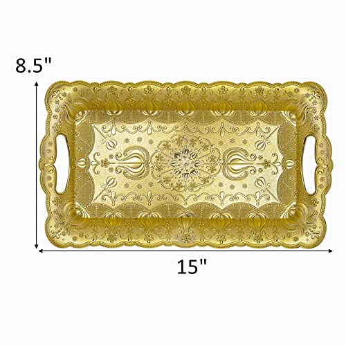 ZOOFOX 6 Pack Decorative Plastic Serving Tray, Gold Serving Tray with Handles, Disposable Beaded Trays for Platters, Cupcake, Wedding and Birthday Parties, 15" x 8.5"