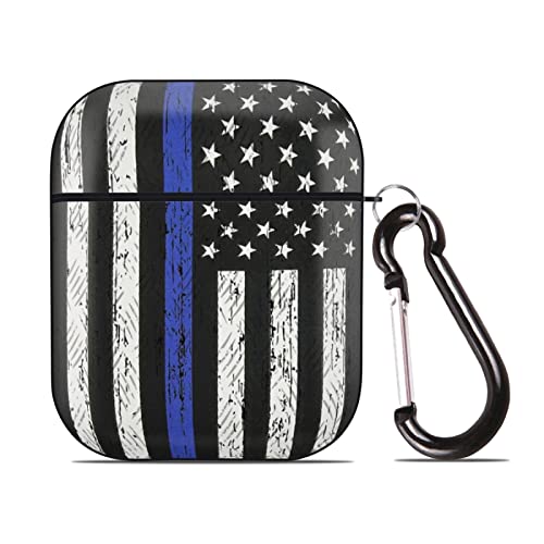 Thin Blue Line American Flag Case for AirPods Case Cover, Patriotic Shockproof Protective Case with Portable Keychain, Compatible with Apple AirPods Charging Case 2&1