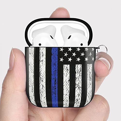 Thin Blue Line American Flag Case for AirPods Case Cover, Patriotic Shockproof Protective Case with Portable Keychain, Compatible with Apple AirPods Charging Case 2&1