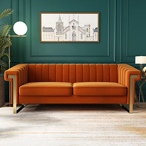 ANTTYBALE 83'' Orange Velvet Couch Sofa Mid-Century Modern Love Seat Chesterfield 3 Seat Couches Sofa for Living Room Apartment (Orange)