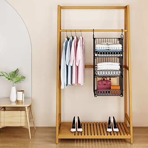 GILLAS 3 - Tier Closet Hanging Organizer, Clothes Hanging Shelves with Hooks, Stackable Storage Bins Foldable Closet Organizers for Clothing, Handbag, Toys, Black