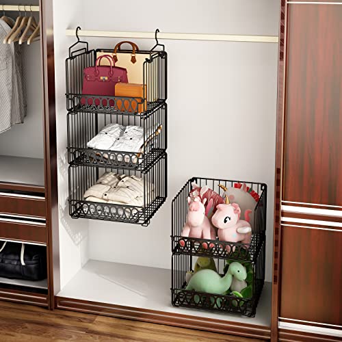 GILLAS 3 - Tier Closet Hanging Organizer, Clothes Hanging Shelves with Hooks, Stackable Storage Bins Foldable Closet Organizers for Clothing, Handbag, Toys, Black