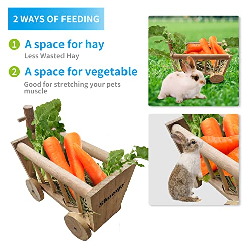 Shuoxpy Rabbit Hay Feeder Rack, Guinea Pig Wooden Carriage Hay Feeder, Chinchilla Alfalfa Timothy Hay Dispenser, Less Wasted Small Animals Hay Manger for Rabbits Guinea Pig Chinchilla