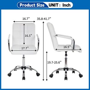 BLKMTY Home Desk Chair Ergonomic Computer Chair Vanity Chair Modern PU Leather Office Chair Adjustable Swivel Chair Computer Executive Chair Mid-Back Student Desk Chair for Teen Girl, White