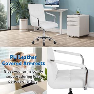 BLKMTY Home Desk Chair Ergonomic Computer Chair Vanity Chair Modern PU Leather Office Chair Adjustable Swivel Chair Computer Executive Chair Mid-Back Student Desk Chair for Teen Girl, White