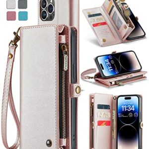 asapdos iPhone 14 Pro Case Wallet,Retro Suede PU Leather Strap Wristlet Flip Case with Magnetic Closure,Card Holder and Kickstand for Men Women(Rose Gold)