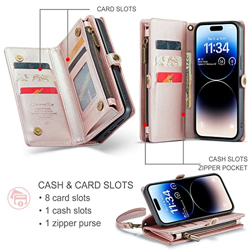 asapdos iPhone 14 Pro Case Wallet,Retro Suede PU Leather Strap Wristlet Flip Case with Magnetic Closure,Card Holder and Kickstand for Men Women(Rose Gold)