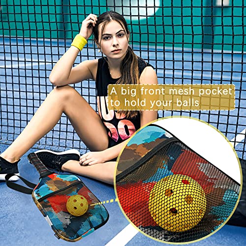 Neoprene Pickleball Paddle Cover Pickleball Racket Sleeve with Inner Pockets and Handle Strap Pickleball Paddle Cover Ball Holder Organizer Bag (Blue art print)