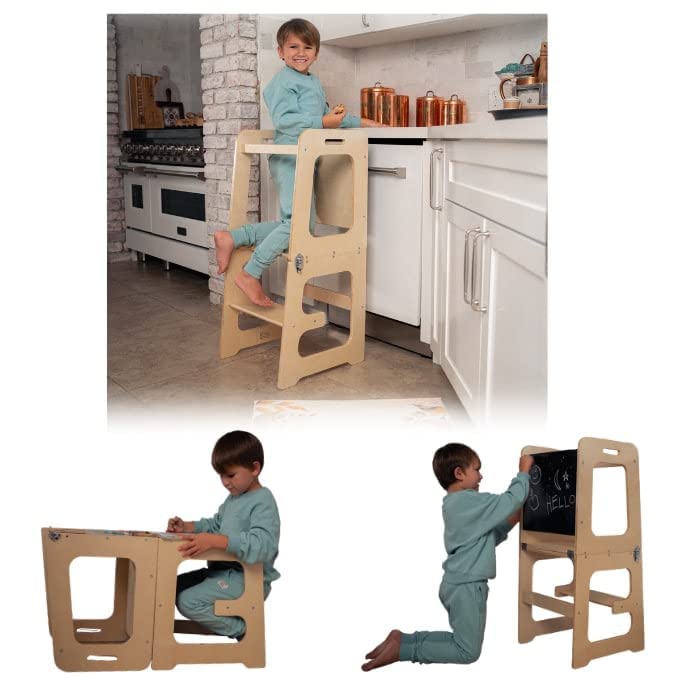 Avenlur Date 4-in-1 Kitchen Tower Montessori and Waldorf Style for Toddlers and Kids 18 Months to 6 Years - The Ideal Counter Stepping Stool with Chalkboard, Desk Table, and Chair All in One