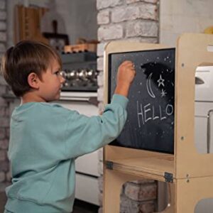 Avenlur Date 4-in-1 Kitchen Tower Montessori and Waldorf Style for Toddlers and Kids 18 Months to 6 Years - The Ideal Counter Stepping Stool with Chalkboard, Desk Table, and Chair All in One