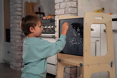 Avenlur Date 4-in-1 Kitchen Tower Montessori and Waldorf Style for Toddlers and Kids 18 Months to 6 Years - The Ideal Counter Stepping Stool with Chalkboard, Desk Table, and Chair All in One