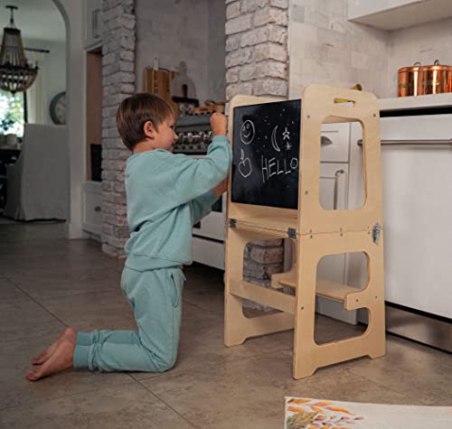 Avenlur Date 4-in-1 Kitchen Tower Montessori and Waldorf Style for Toddlers and Kids 18 Months to 6 Years - The Ideal Counter Stepping Stool with Chalkboard, Desk Table, and Chair All in One