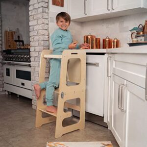 Avenlur Date 4-in-1 Kitchen Tower Montessori and Waldorf Style for Toddlers and Kids 18 Months to 6 Years - The Ideal Counter Stepping Stool with Chalkboard, Desk Table, and Chair All in One