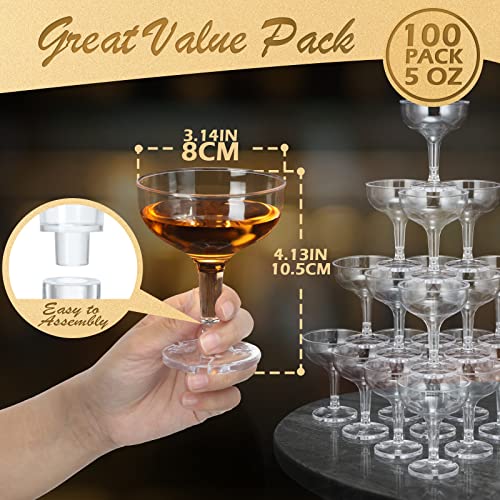 Potchen Set of 100 Champagne Glasses 5 oz Unbreakable Plastic Martini Clear Disposable Wine Cups Stackable Stemmed Coupe Shatterproof Party Stem for Margarita Wedding Birthday Home Bar