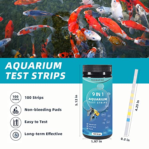 Aquarium Test Strips, 9 in 1 Aquarium Test Kit for Freshwater Saltwater, 100 Strips Aquarium Water Test Kit with Quick and Accurate, Pond Fish Tank Test Strips Testing Nitrite,Nitrate,Iron,pH and More