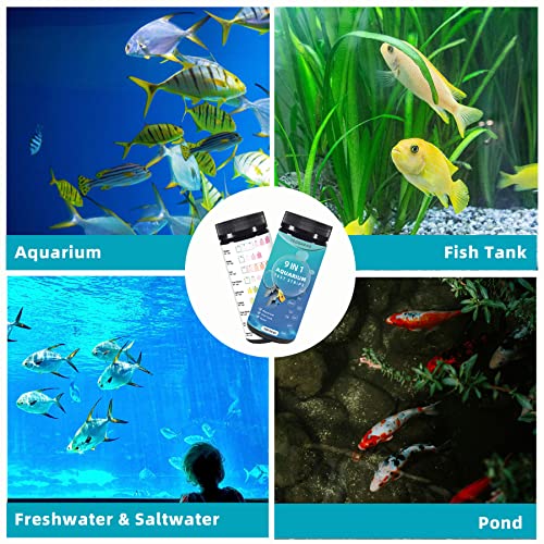 Aquarium Test Strips, 9 in 1 Aquarium Test Kit for Freshwater Saltwater, 100 Strips Aquarium Water Test Kit with Quick and Accurate, Pond Fish Tank Test Strips Testing Nitrite,Nitrate,Iron,pH and More