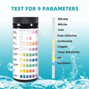 Aquarium Test Strips, 9 in 1 Aquarium Test Kit for Freshwater Saltwater, 100 Strips Aquarium Water Test Kit with Quick and Accurate, Pond Fish Tank Test Strips Testing Nitrite,Nitrate,Iron,pH and More