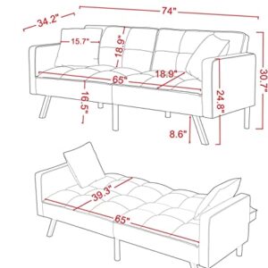 VERYKE Convertible Futon Sofa Bed with 2 Pillows, Modern Upholstered Sleeper Sofa Couch with 3 Adjustable Backrests & Metal Legs for Living Room (White)