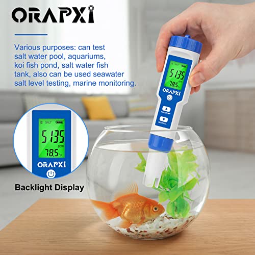 ORAPXI Salt Water Pool Tester 5 in 1 Salt SG TDS EC Temp Digital Pool Salt Meter 0-100 PPT & 1.000-1.070 Specific Gravity for Aquarium, Seawater, Salt Fish Tank, Marine Monitoring