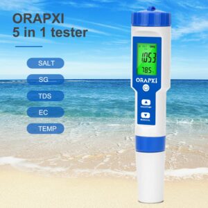 ORAPXI Salt Water Pool Tester 5 in 1 Salt SG TDS EC Temp Digital Pool Salt Meter 0-100 PPT & 1.000-1.070 Specific Gravity for Aquarium, Seawater, Salt Fish Tank, Marine Monitoring