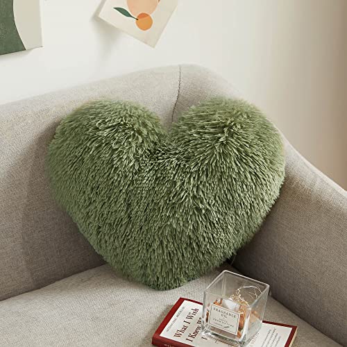 XeGe Luxury 15"x17" Faux Fur Heart Shaped Pillow, Plush Shaggy Decorative Throw Pillow, Fluffy Cuddly Heart Pillow w/Insert, Furry Accent Pillow for Valentine's Day/Birthday/Christmas, Sage Green