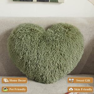 XeGe Luxury 15"x17" Faux Fur Heart Shaped Pillow, Plush Shaggy Decorative Throw Pillow, Fluffy Cuddly Heart Pillow w/Insert, Furry Accent Pillow for Valentine's Day/Birthday/Christmas, Sage Green