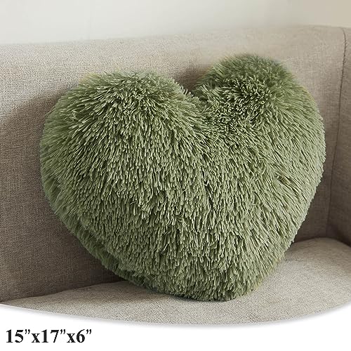 XeGe Luxury 15"x17" Faux Fur Heart Shaped Pillow, Plush Shaggy Decorative Throw Pillow, Fluffy Cuddly Heart Pillow w/Insert, Furry Accent Pillow for Valentine's Day/Birthday/Christmas, Sage Green