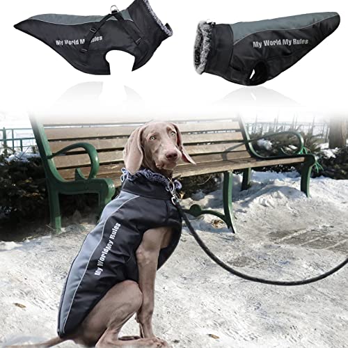 Estefanlo Warm Dog Cold Weather Vest Jacket with Double D Ring Leash and Reflective Logo Comfortable Waterproof Windproof Winter Sweater Outdoor Pet Clothing Snow for Medium Large Dog(2XL) Black