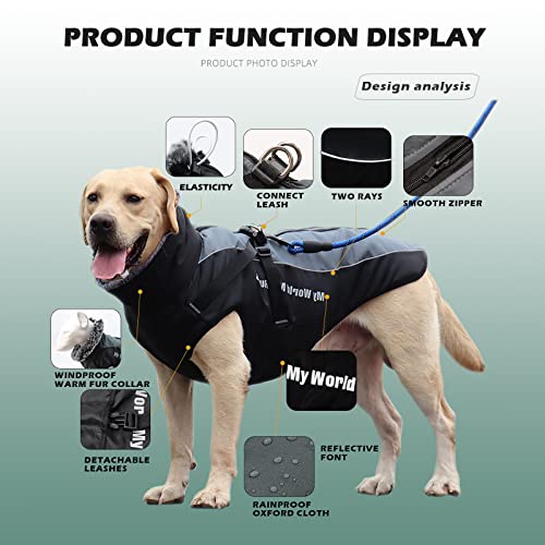 Estefanlo Warm Dog Cold Weather Vest Jacket with Double D Ring Leash and Reflective Logo Comfortable Waterproof Windproof Winter Sweater Outdoor Pet Clothing Snow for Medium Large Dog(2XL) Black