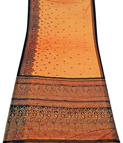 Peegli Vintage Orange Saree Paisley Printed DIY Craft Fabric Poly Silk Sari