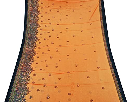 Peegli Vintage Orange Saree Paisley Printed DIY Craft Fabric Poly Silk Sari