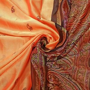 Peegli Vintage Orange Saree Paisley Printed DIY Craft Fabric Poly Silk Sari