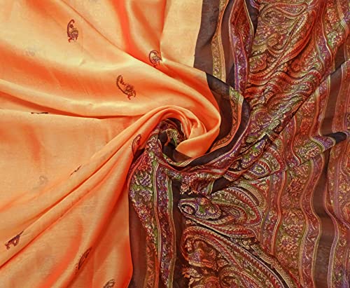 Peegli Vintage Orange Saree Paisley Printed DIY Craft Fabric Poly Silk Sari